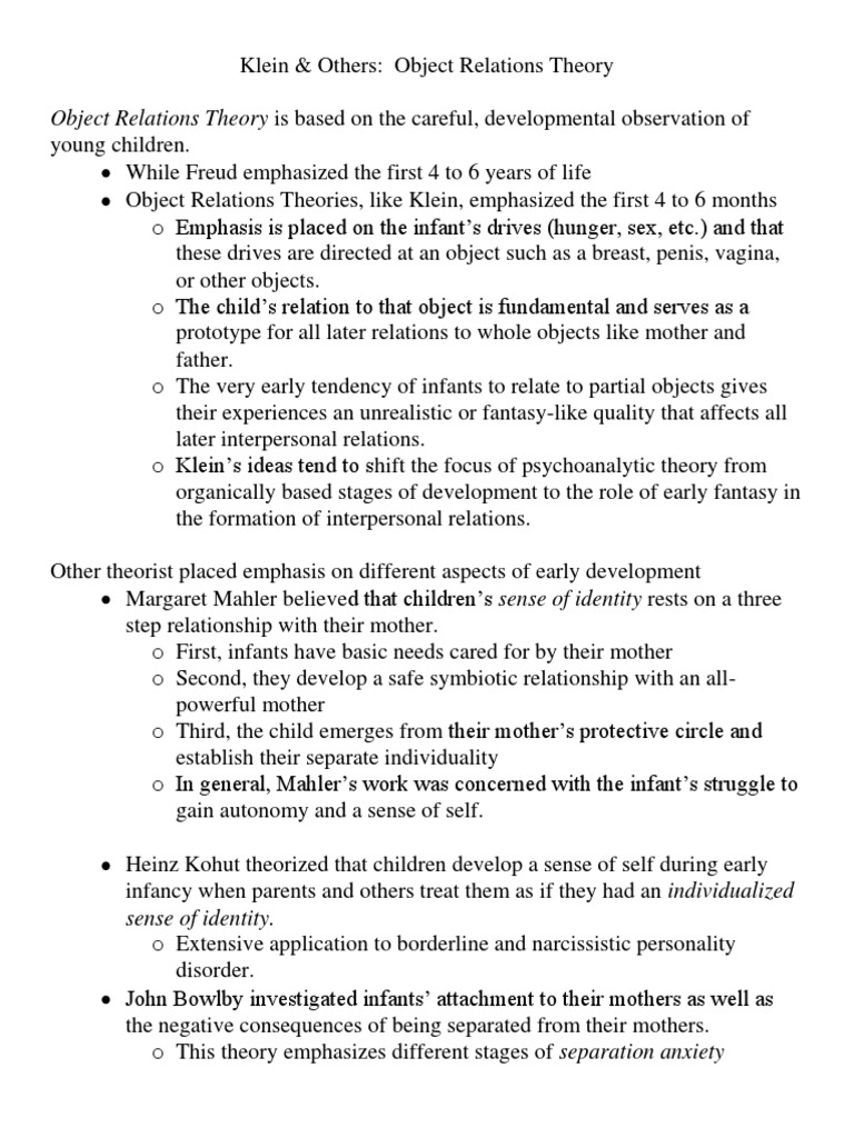 Klein and Others - Object Relations Theory Outline Notes | PDF | Object ...