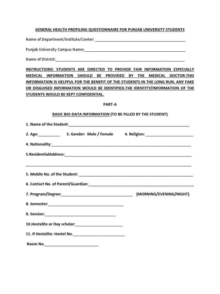 General Health Profiling Questionnaire For Punjab University Students ...