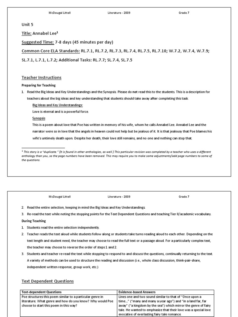 "Annabel Lee" Grade 7 Lesson Plan | PDF | Poetry | Linguistics