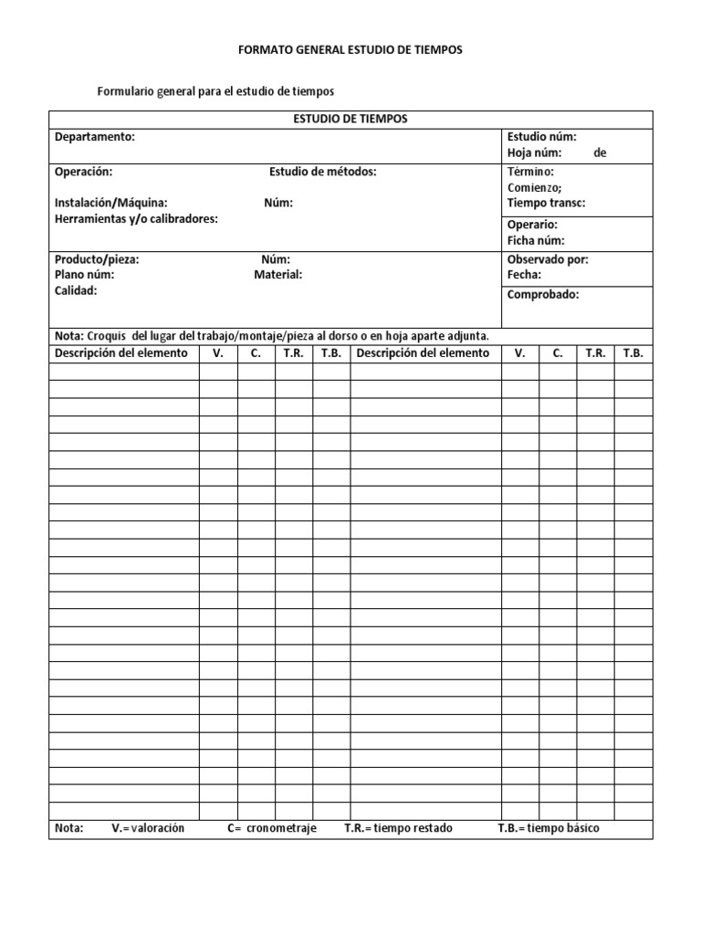 Formulario General Estudio De Tiempos Pdf