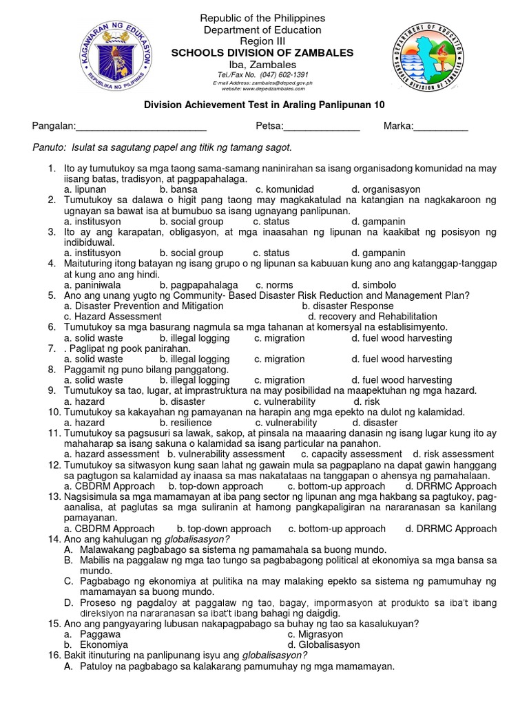 Division Achievement Test in Araling Panlipunan 10 | PDF