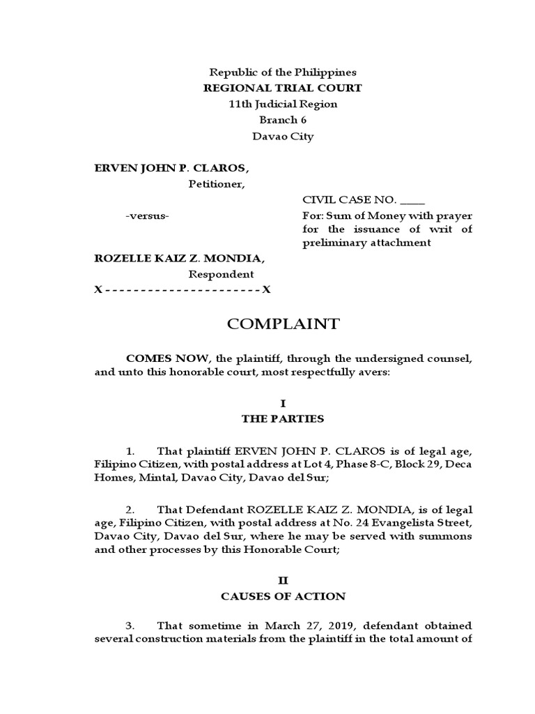 Complaint for Collection of Money | PDF | Lawsuit | Damages