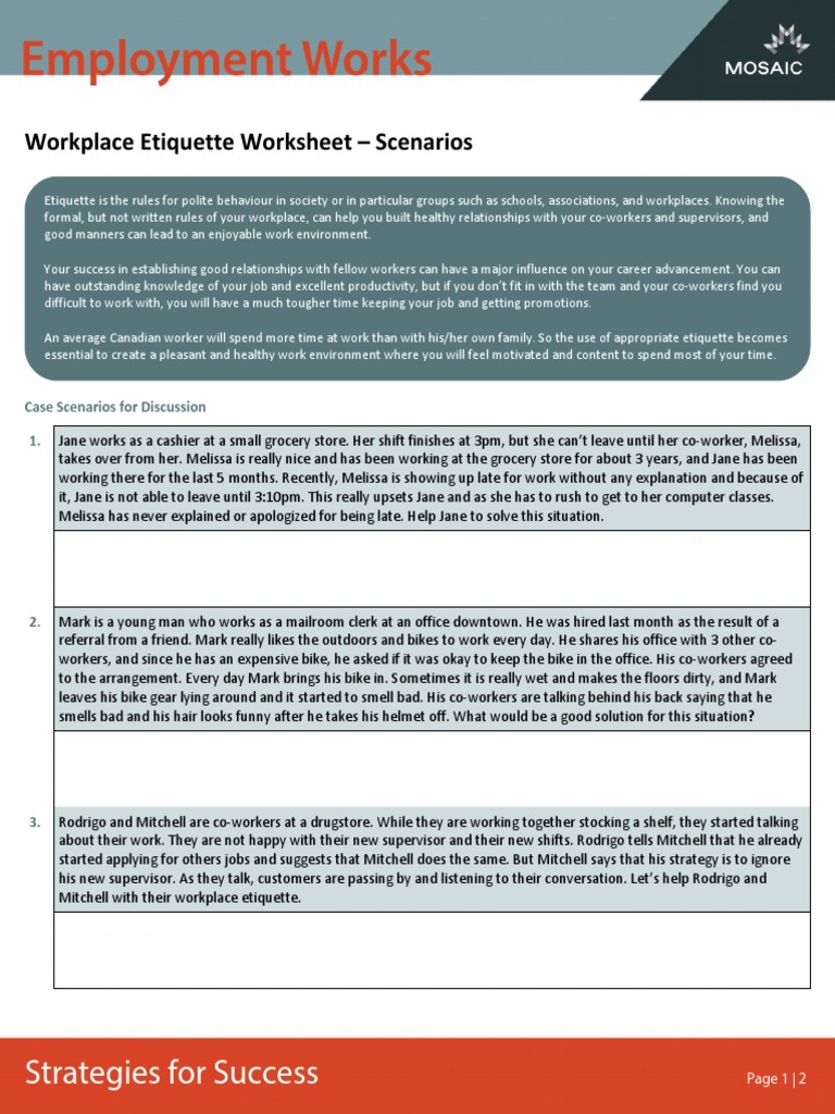Workplace Etiquette Scenarios | PDF | Etiquette | Psychological Concepts