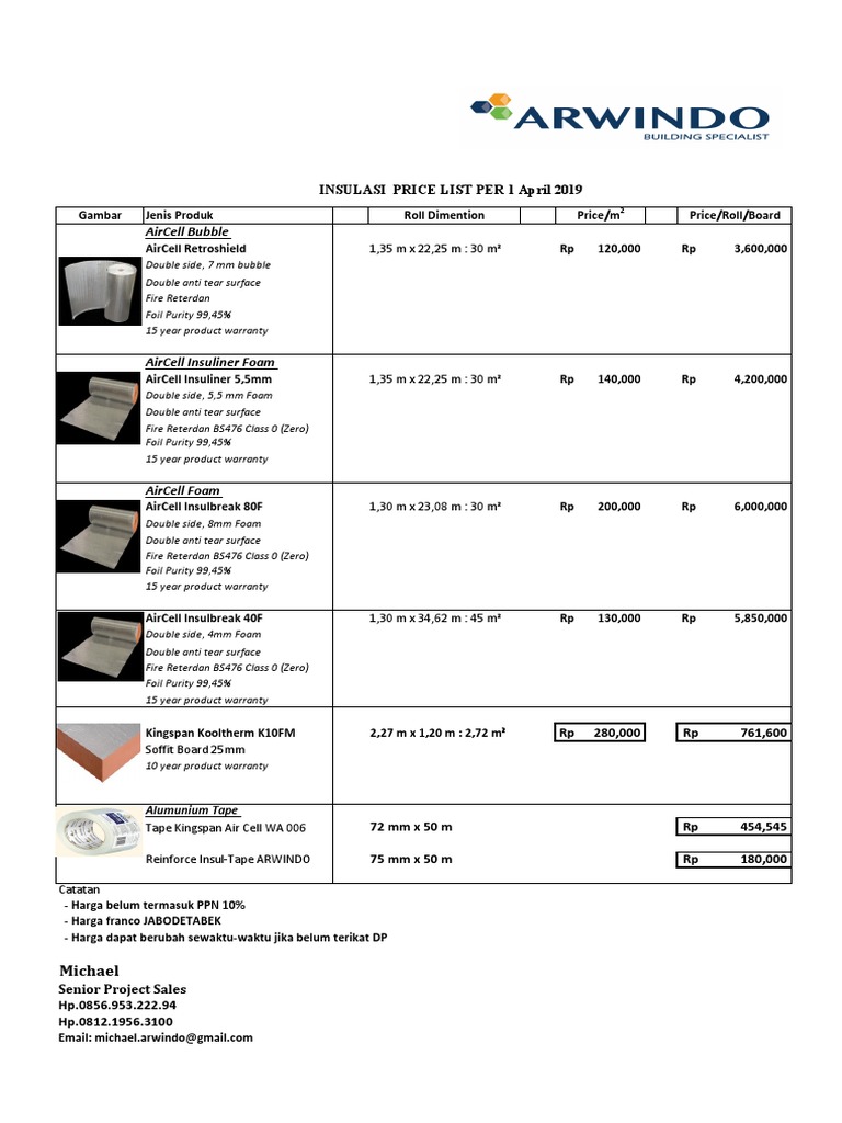Price List Kingspan Isulation PT - Arwindo 01 April 2019 | PDF