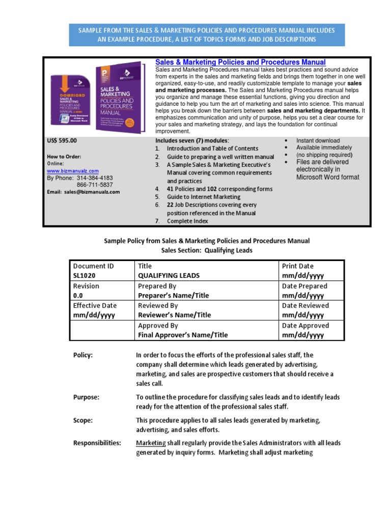 Bizmanualz Sales Marketing Policies and Procedures Sample | PDF | Sales ...