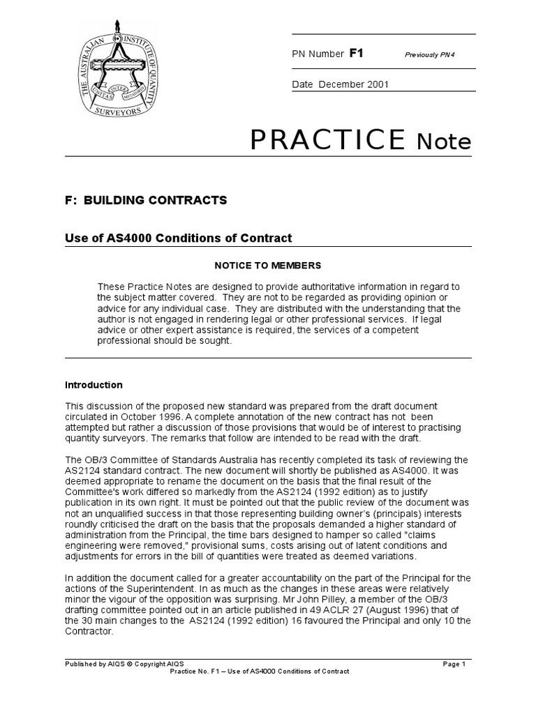 Building Contracts F1 Use of AS4000 Conditions of Contract | PDF