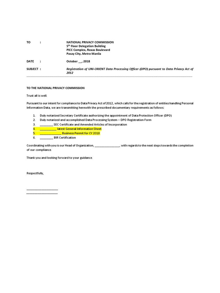 NPC Cover Letter - Registration of DPO | PDF | Computers