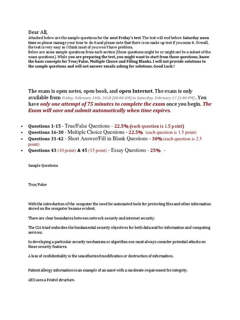 Exam 1 Sample | PDF | Cryptography | Encryption