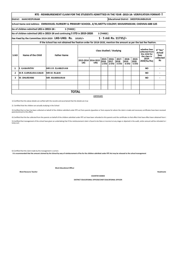RTE Reimbursement Claim Verification for Students Admitted in 2013-14 ...