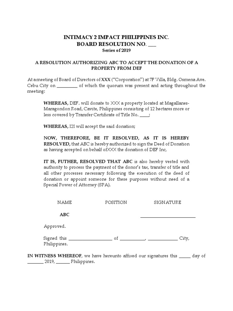 BOARD RESOLUTION Deed of Donation | PDF