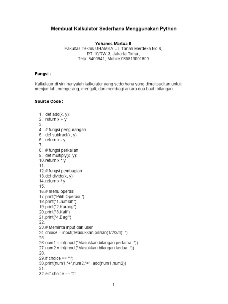 Membuat Kalkulator Sederhana Menggunakan Python | PDF