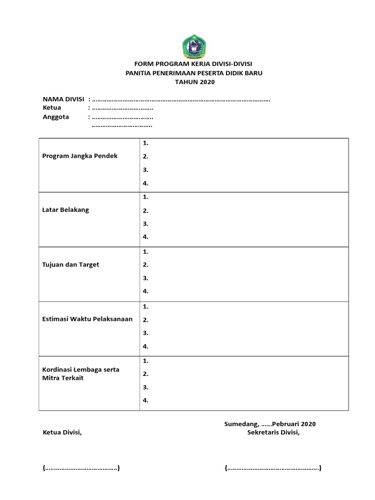 Form Program Kerja Divisi PPDB 2021 | PDF