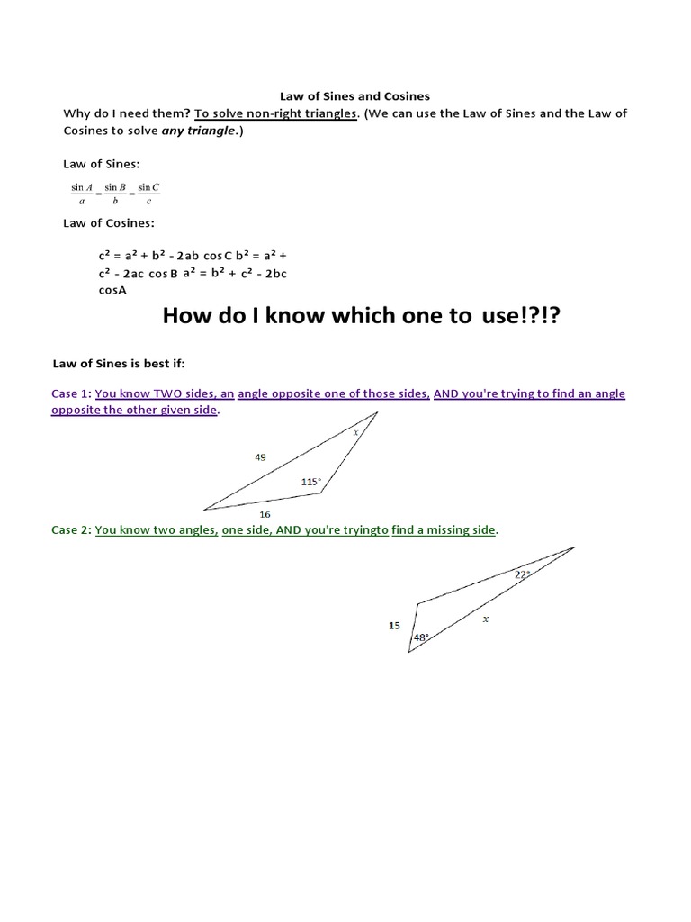 Law Of Sines Cosines Worksheet