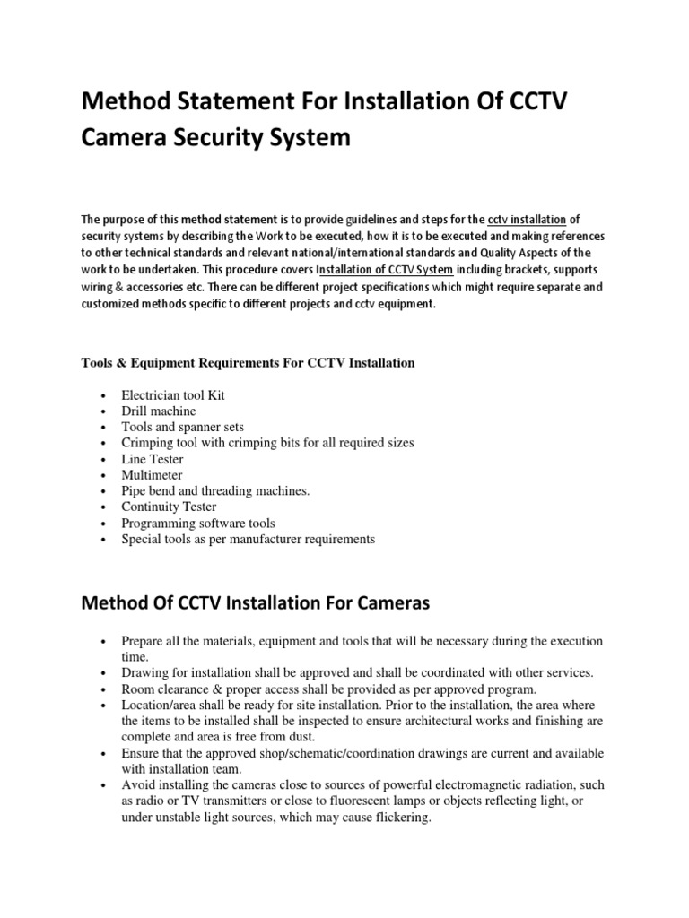 Method Statement For Installation of CCTV Camera Security System | PDF