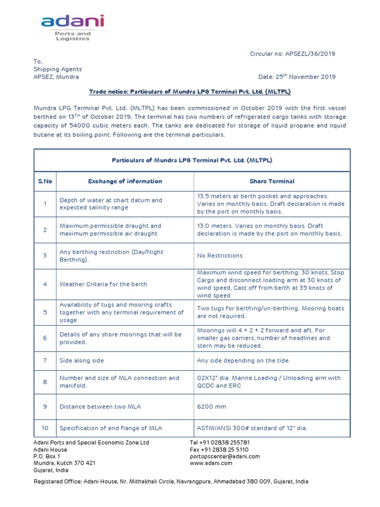 Trade Notice 36 Particulars of Mundra LPG Terminal PVT LTD MLTPL