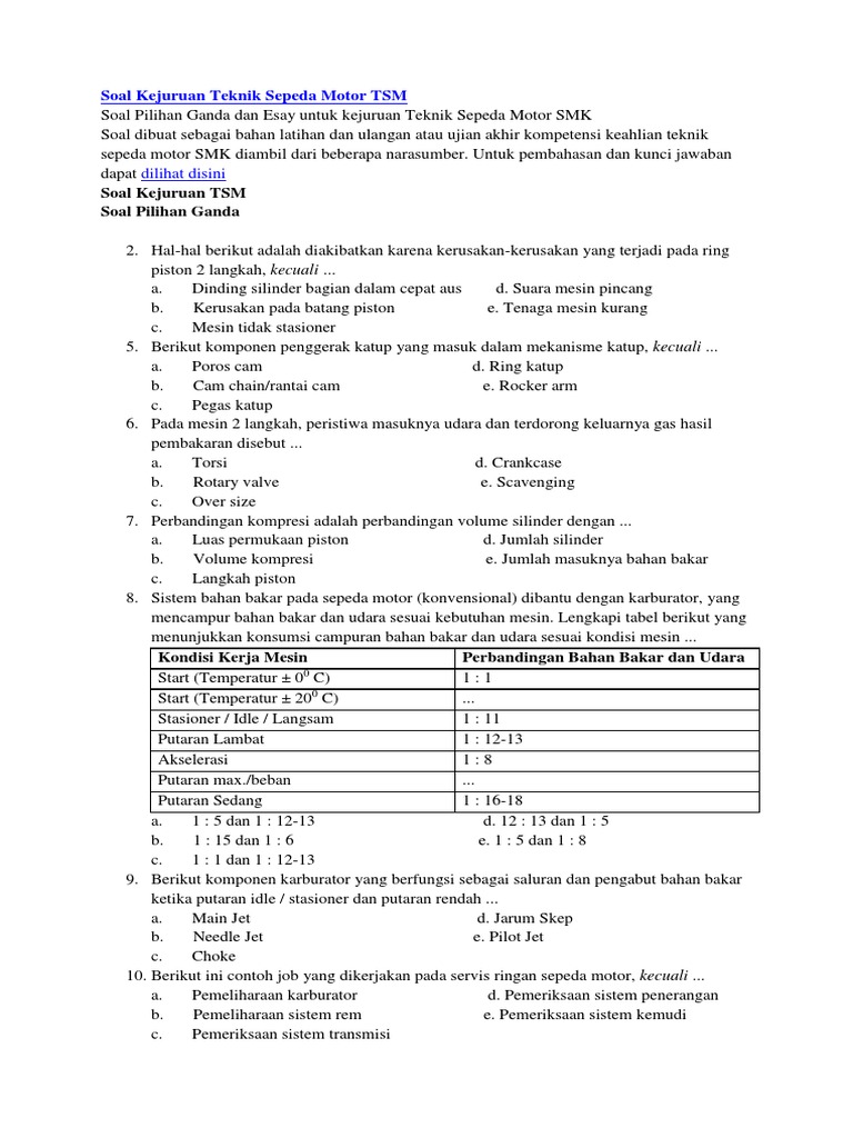 Soal Kejuruan Teknik Sepeda Motor TSM | PDF