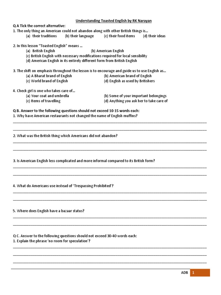 Understanding Toasted English by RK Narayan Worksheet | PDF