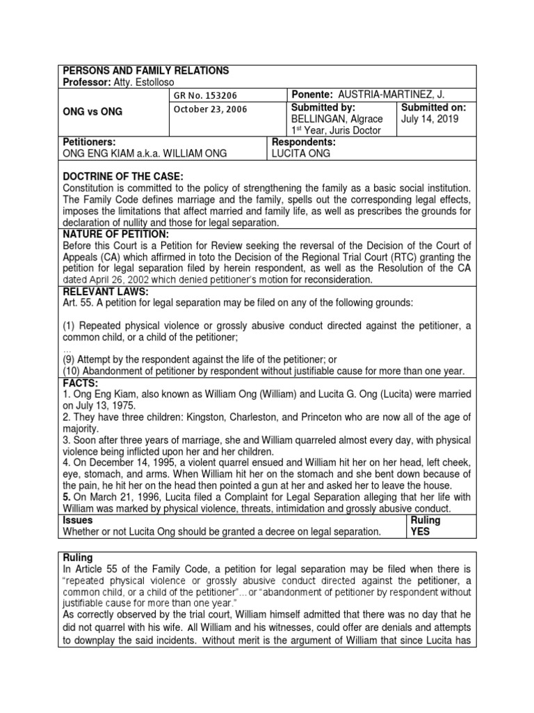 Ong Vs Ong Case Digest | PDF