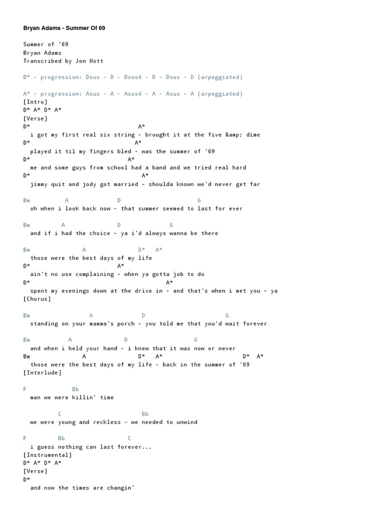 Guitar Chords For Summer Of 69