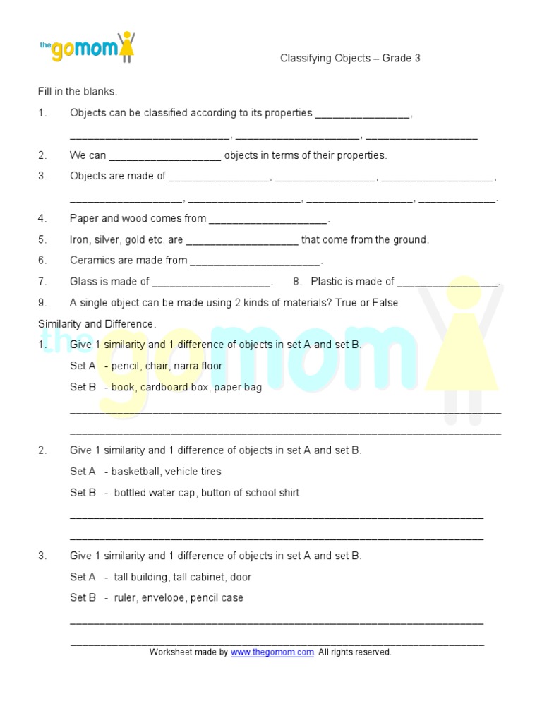 Classifying Objects Worksheets