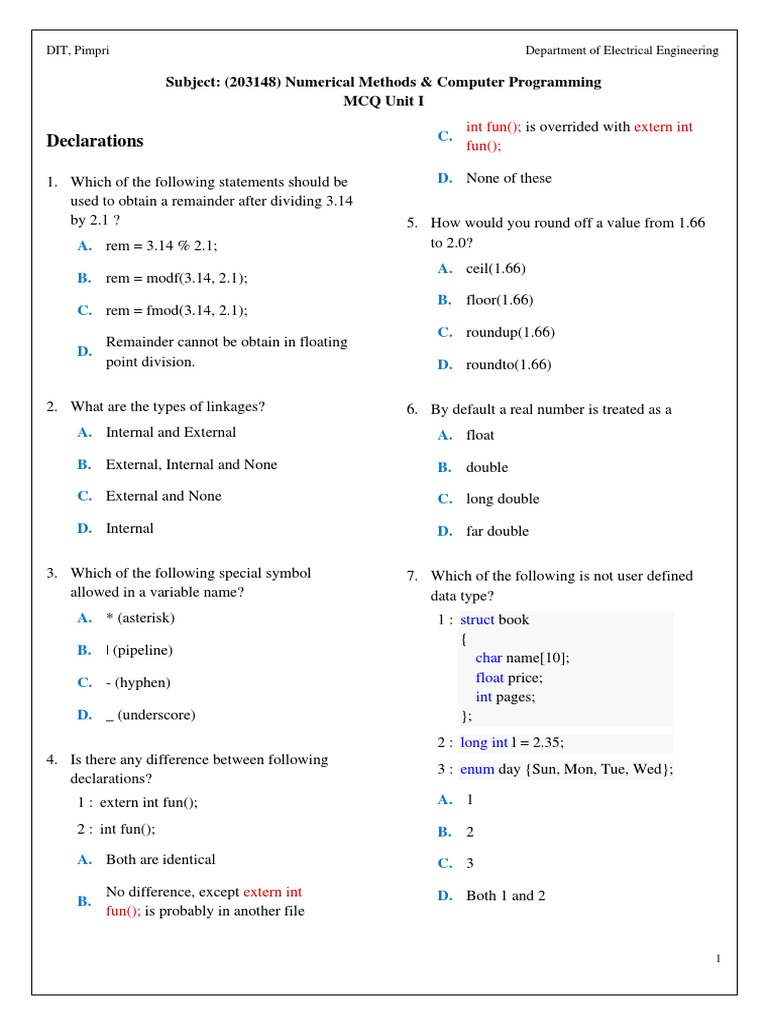 MCQ Unit I - C Language PDF | PDF