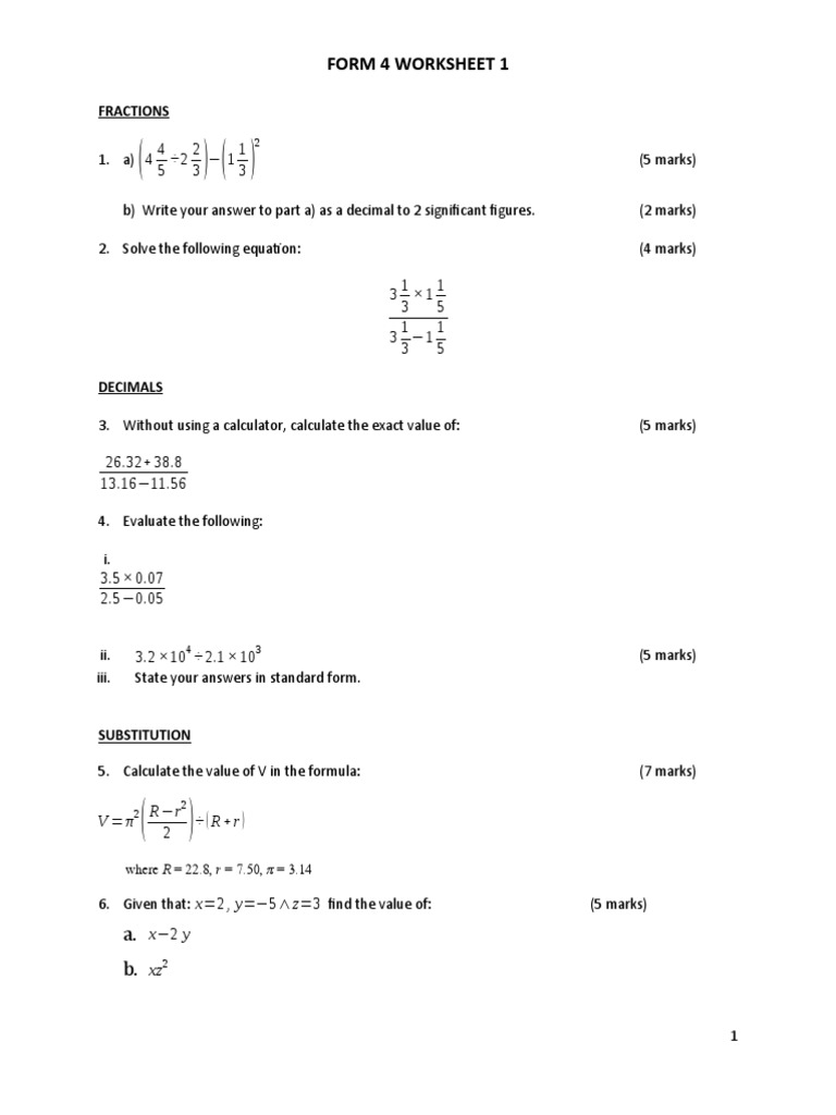 Form 4 Worksheet 1: Fractions | PDF | Mathematical Objects | Elementary ...