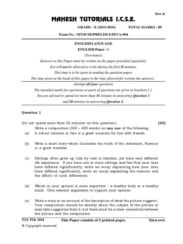 X ICSE English Paper I - Prelim I Set A | PDF