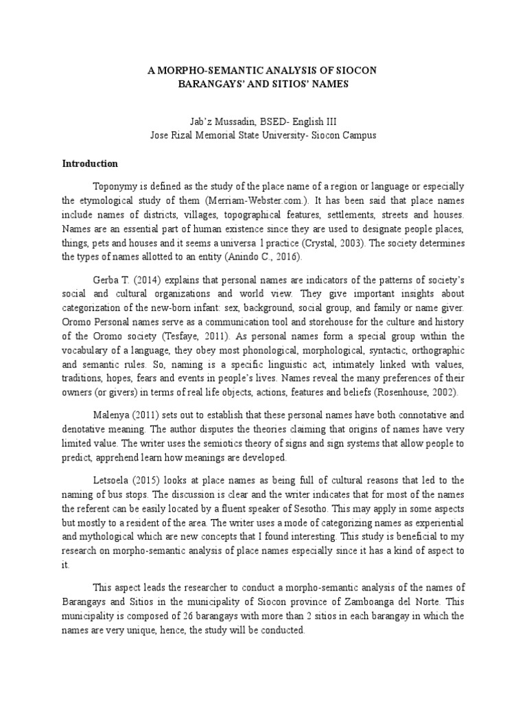A Morpho-Semantic Analysis of Siocon Barangays' and Sittios' Names. | PDF | Foreign Language Studies