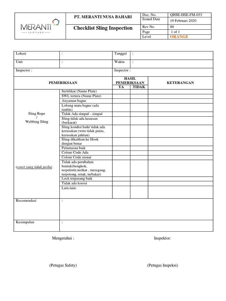 QHSE-HSE-FM-033 Inspeksi Wire Sling | PDF