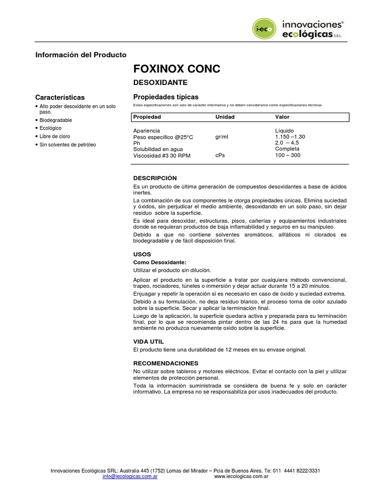 Desoxidante Ecológico FOXINOX | PDF