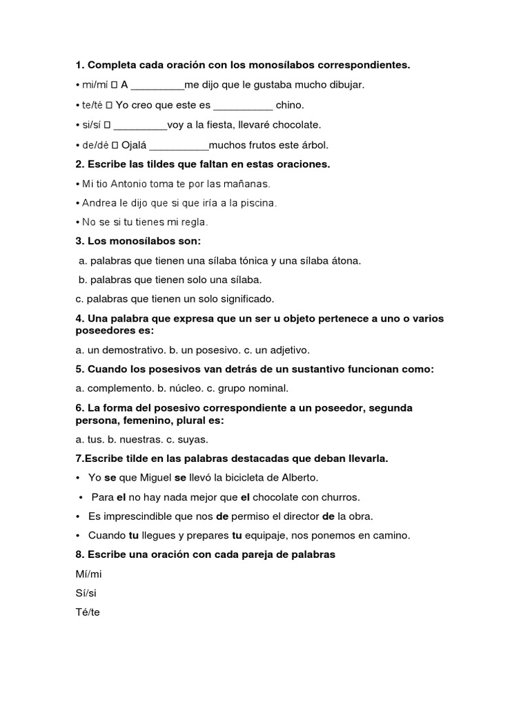 Ejercicios de Tildes y Monosílabos | PDF | Artes del Lenguaje y ...