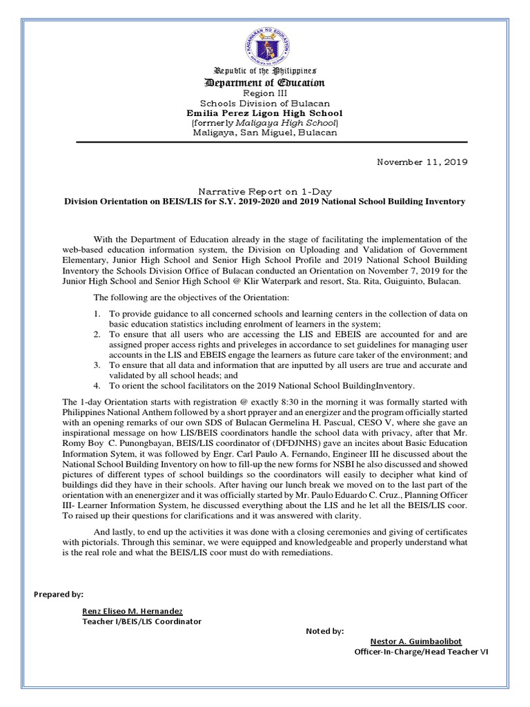Narrative Report Beis Lis | PDF