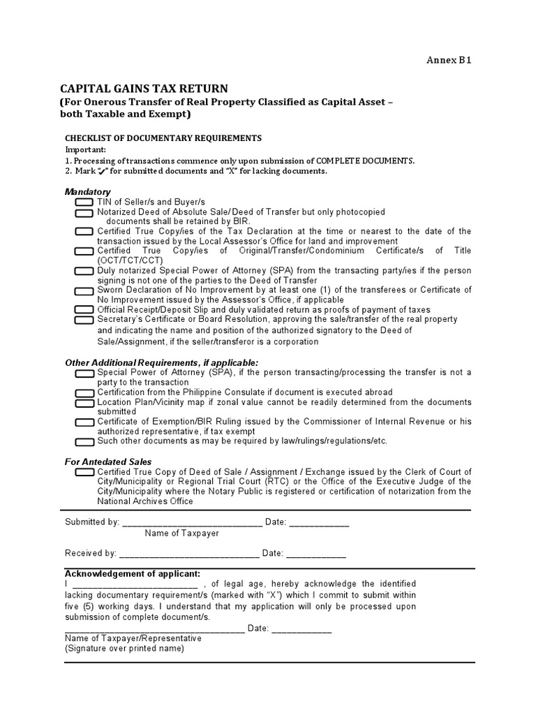 BIR Checklist Capital Gains Tax | PDF