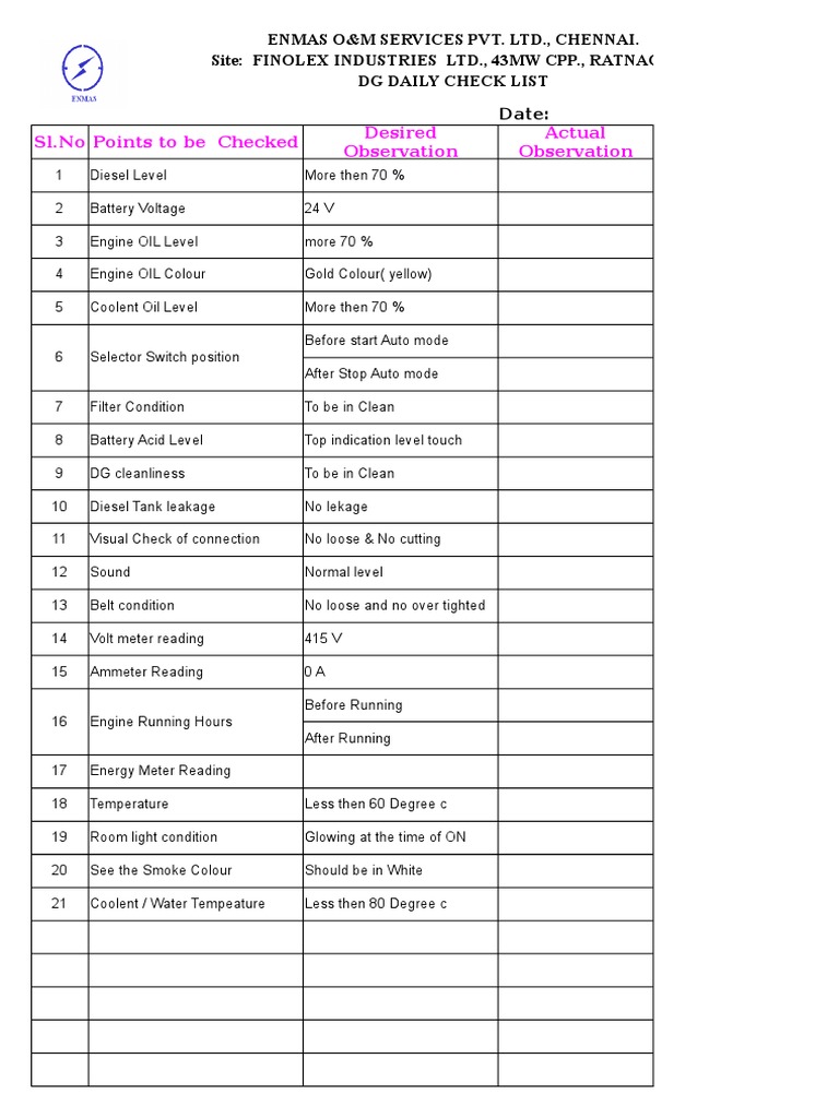 Diesel Generator Daily Checklist | PDF