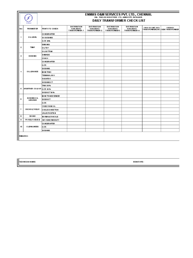 Transformer Daily Check List | PDF