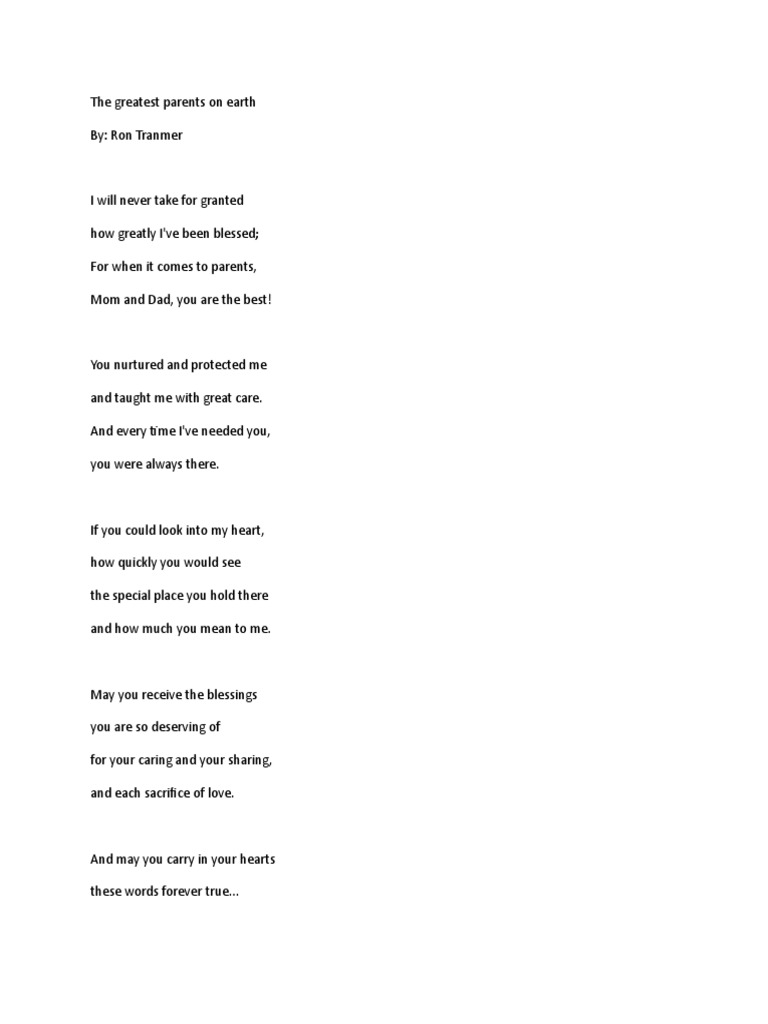 The Greatest Parents on Earth Poem | PDF