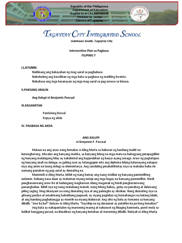 Intervention Plan Filipino 7 | PDF