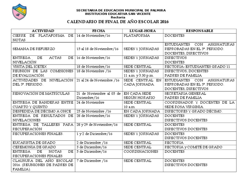 Cronograma de Fin de Año Escolar 2016 | PDF | Artes del Lenguaje y ...