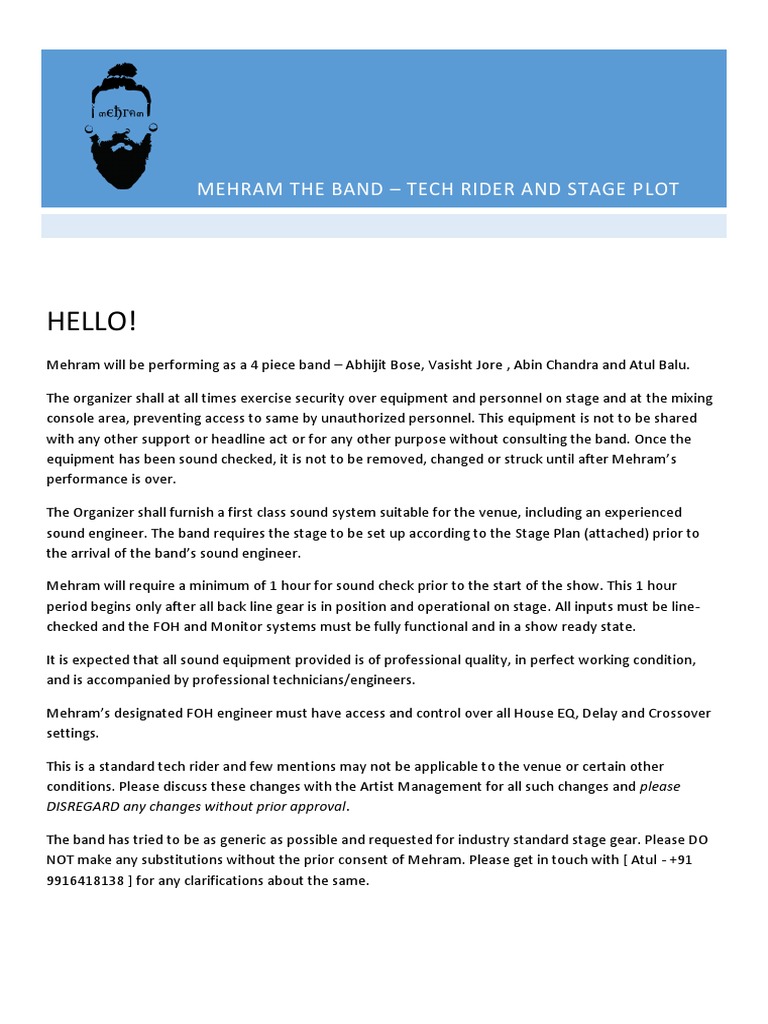 Mehram The Band - Tech Rider and Stage Plot | PDF