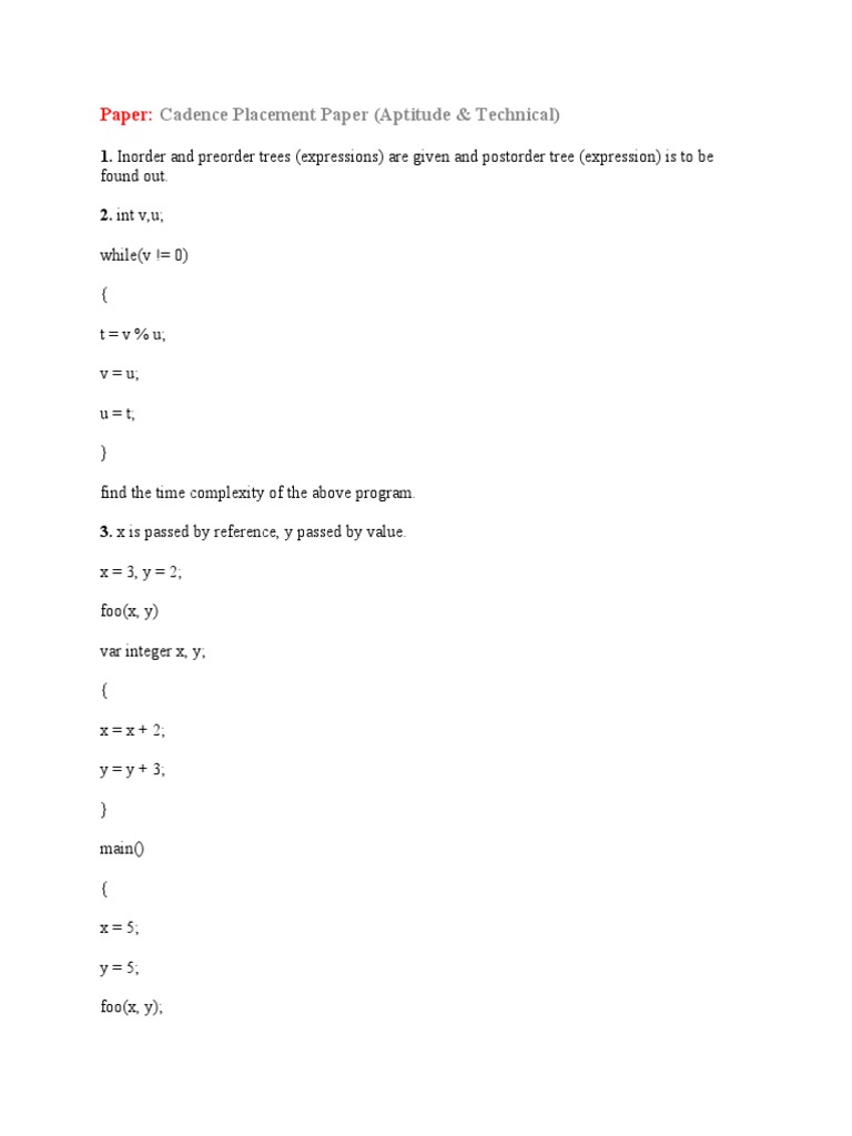 Cadence Placement Paper (Aptitude & Technical) | PDF | Pointer (Computer Programming) | Subroutine