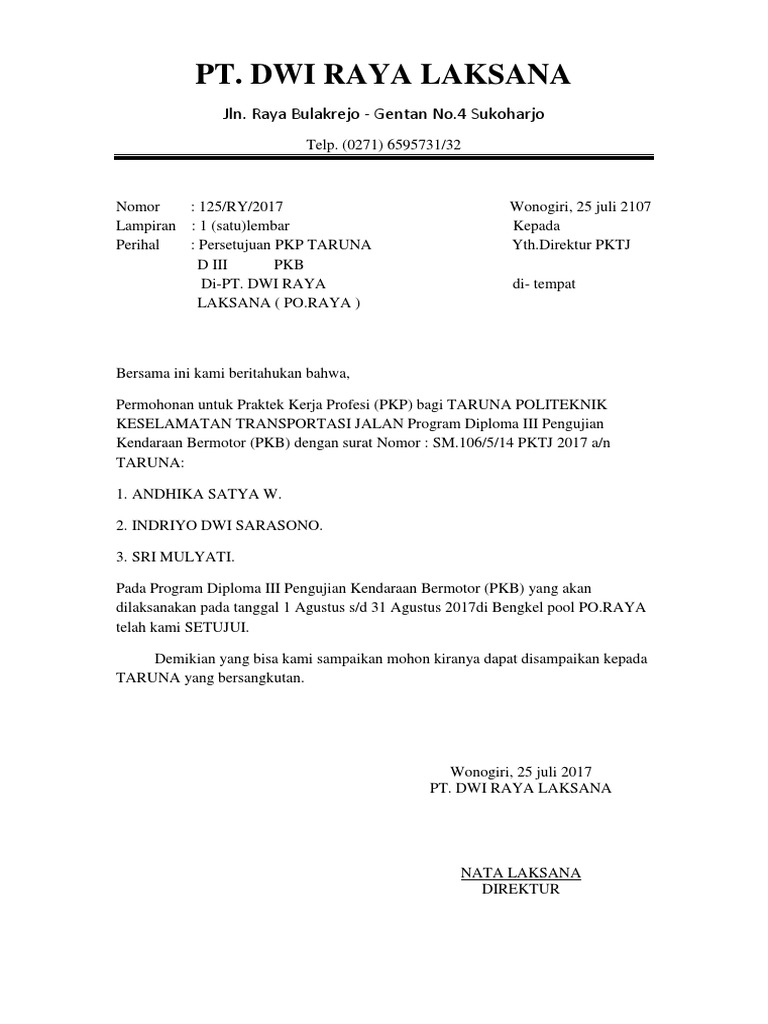 Surat Persetujuan PKL | PDF