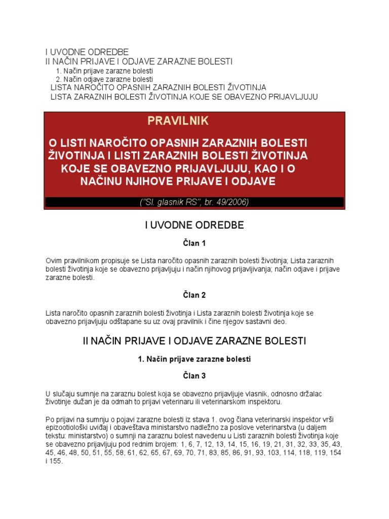 Pravilnik o Listi Narocito Opasnih Zaraznih Bolesti Zivotinja I Listi ...