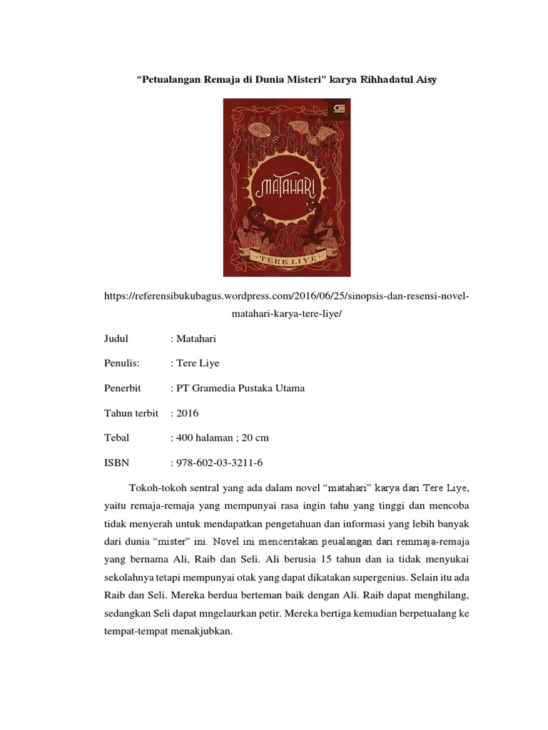 Sinopsis Novel Matahari Tere Liye | PDF