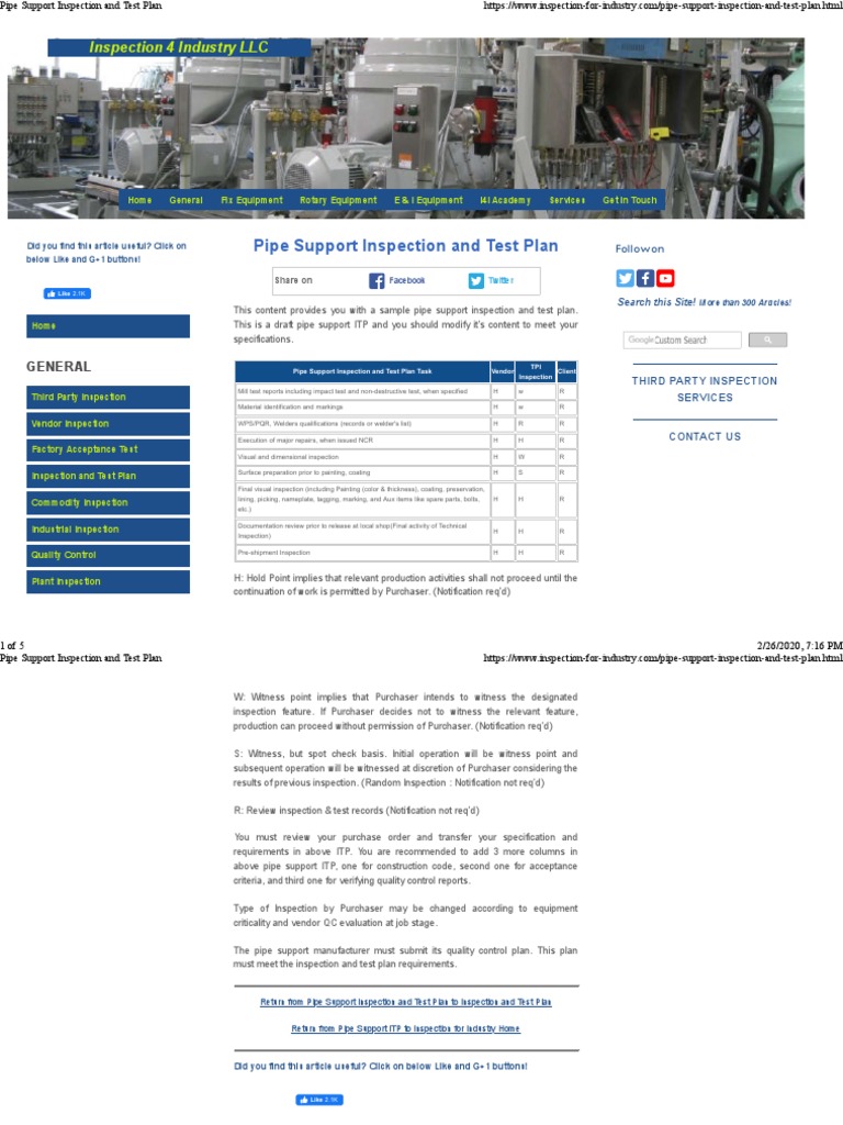 Pipe Support Inspection and Test Plan | PDF
