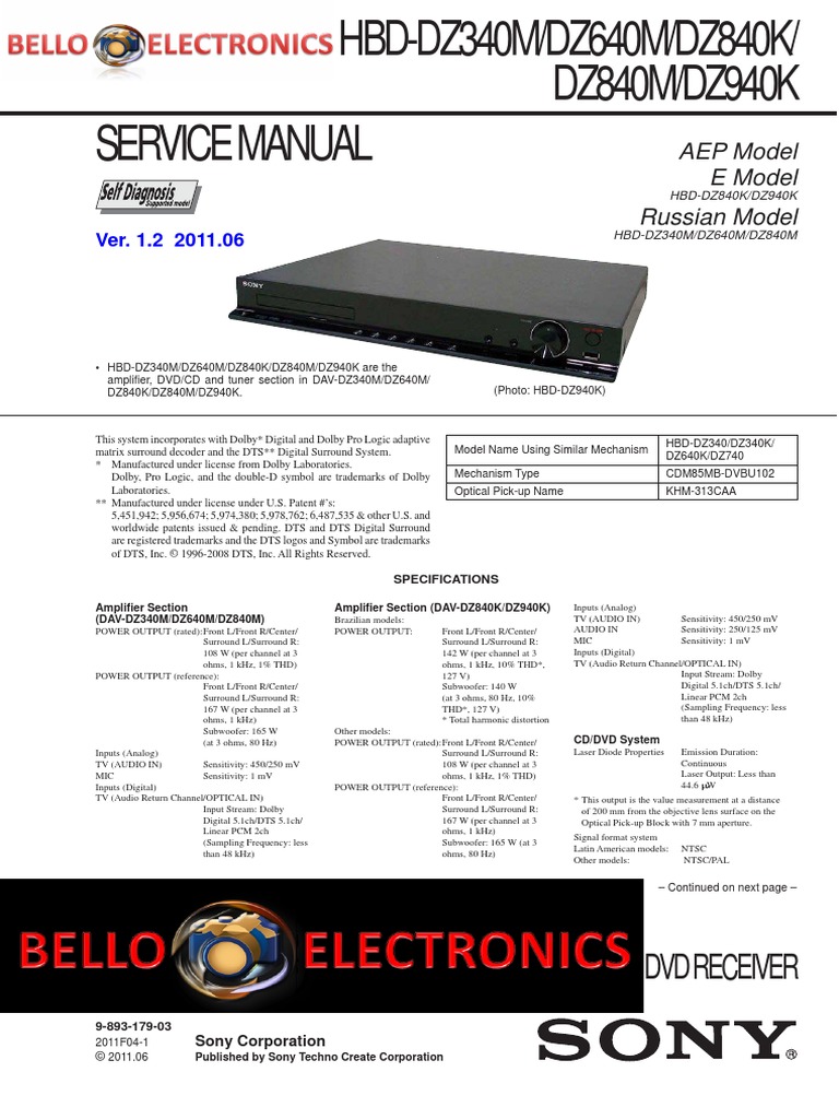 Sony hbd-dz340m hbd-dz640m hbd-dz840k hbd-dz840m hbd-dz940k Dav-Dz640k ...