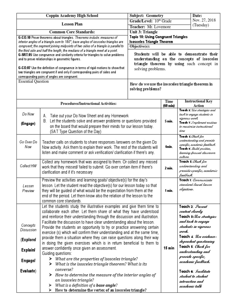 Nov - 27 - 2018-Lesson Plan-Isosceles Triangle Theorem | PDF