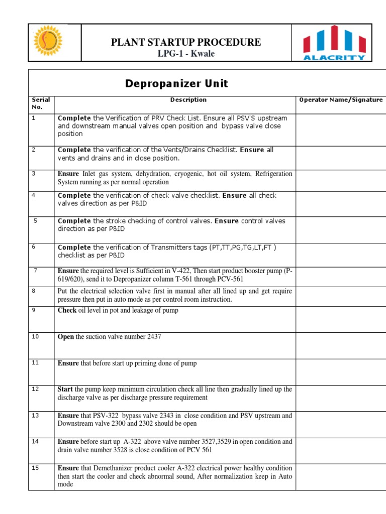 Depropanizer Startup Procedure | PDF | Technology & Engineering