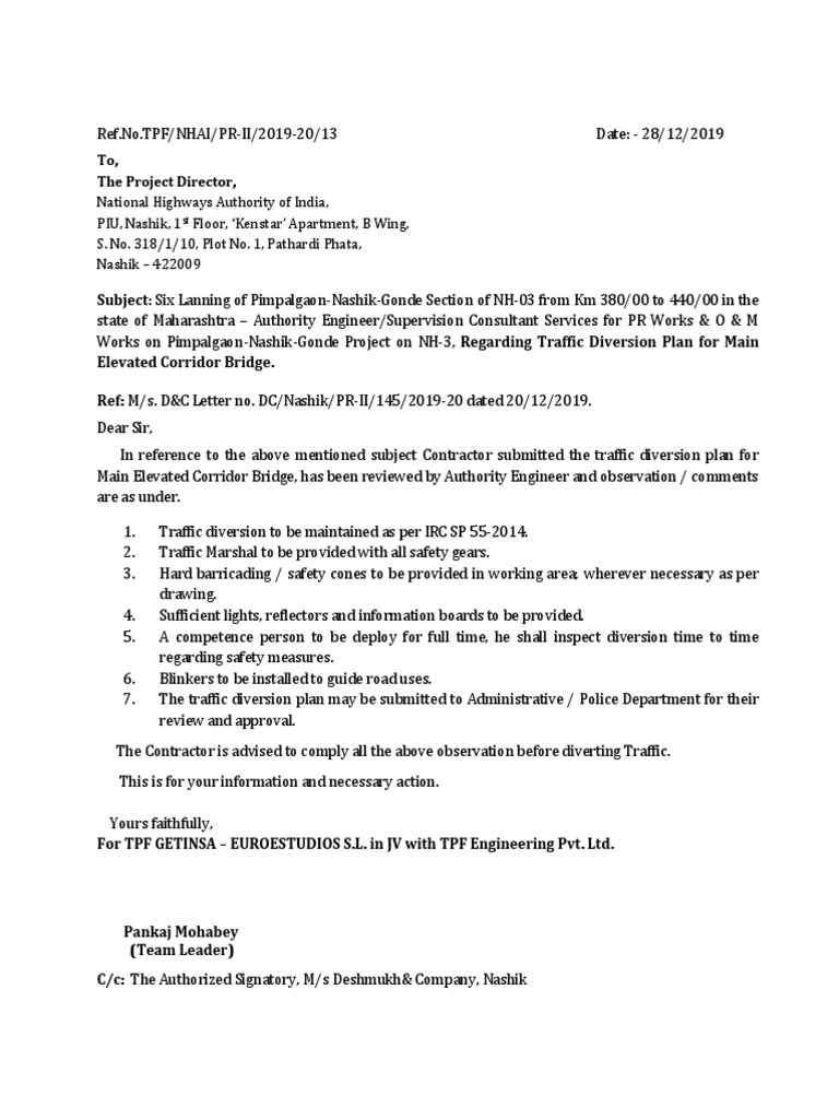 DRAFT Letter Regarding Traffic Diversion Plan | PDF