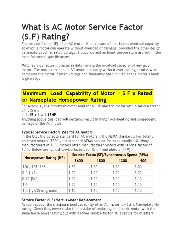 What Is AC Motor Service Factor (S.F) Rating | PDF
