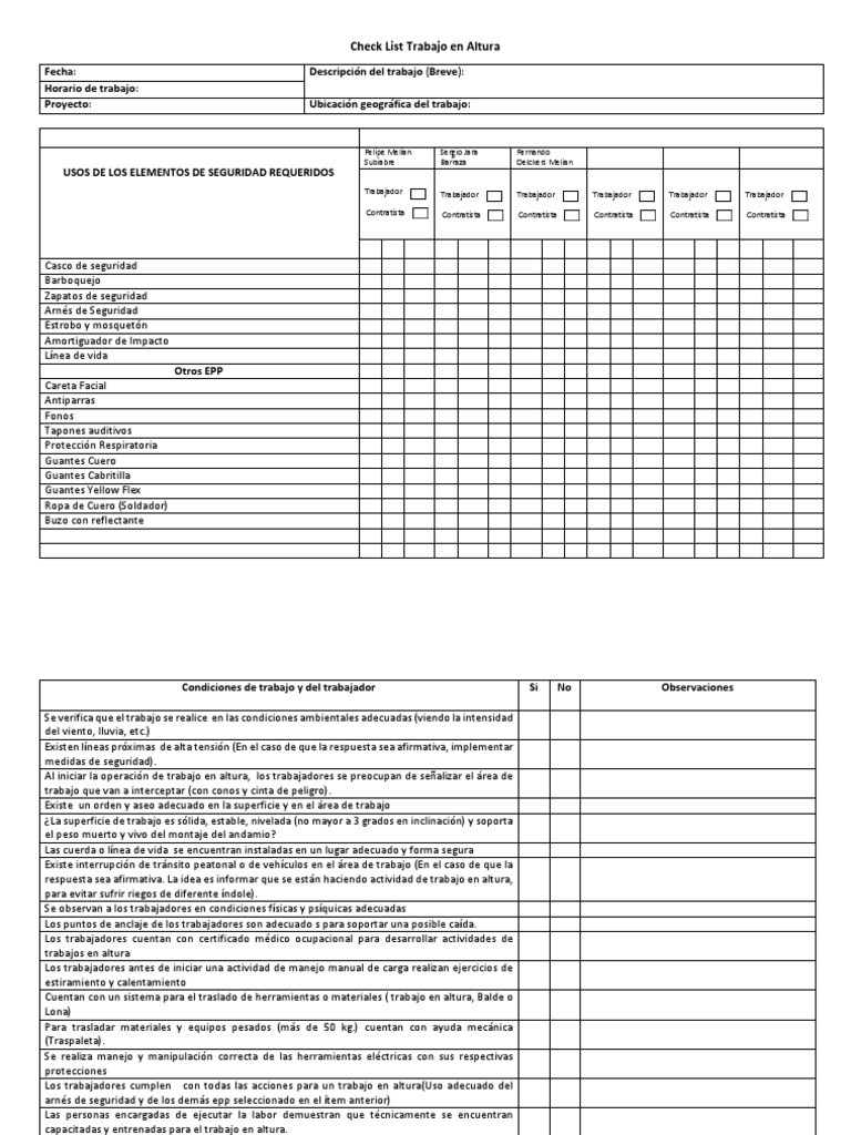 Check List Trabajo en Altura | PDF
